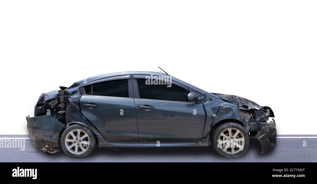 Dark gray color car damaged and broken by accident isolate on white ...