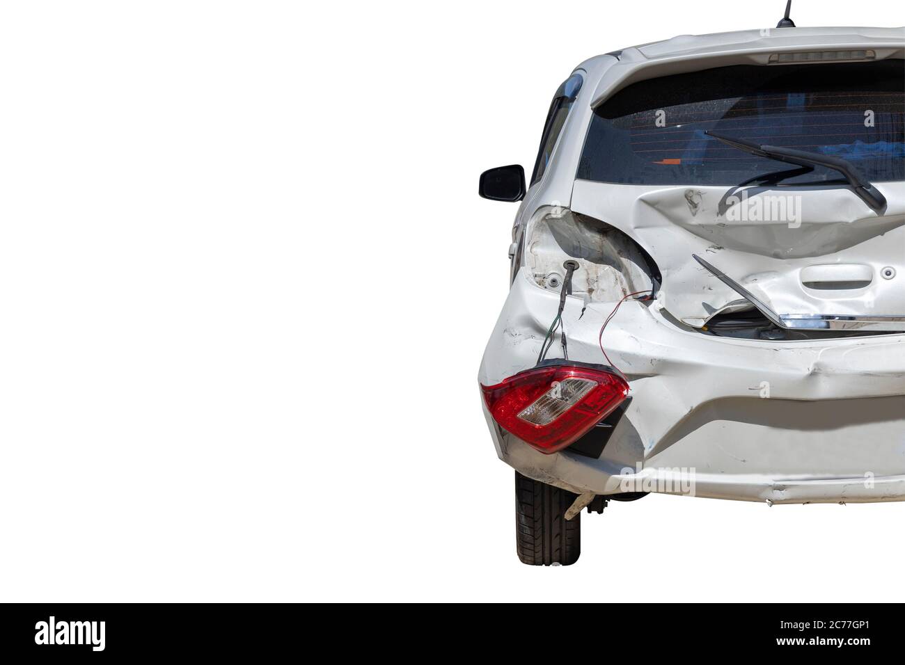 Back of car damaged and broken by accident on road. Isolate on white ...