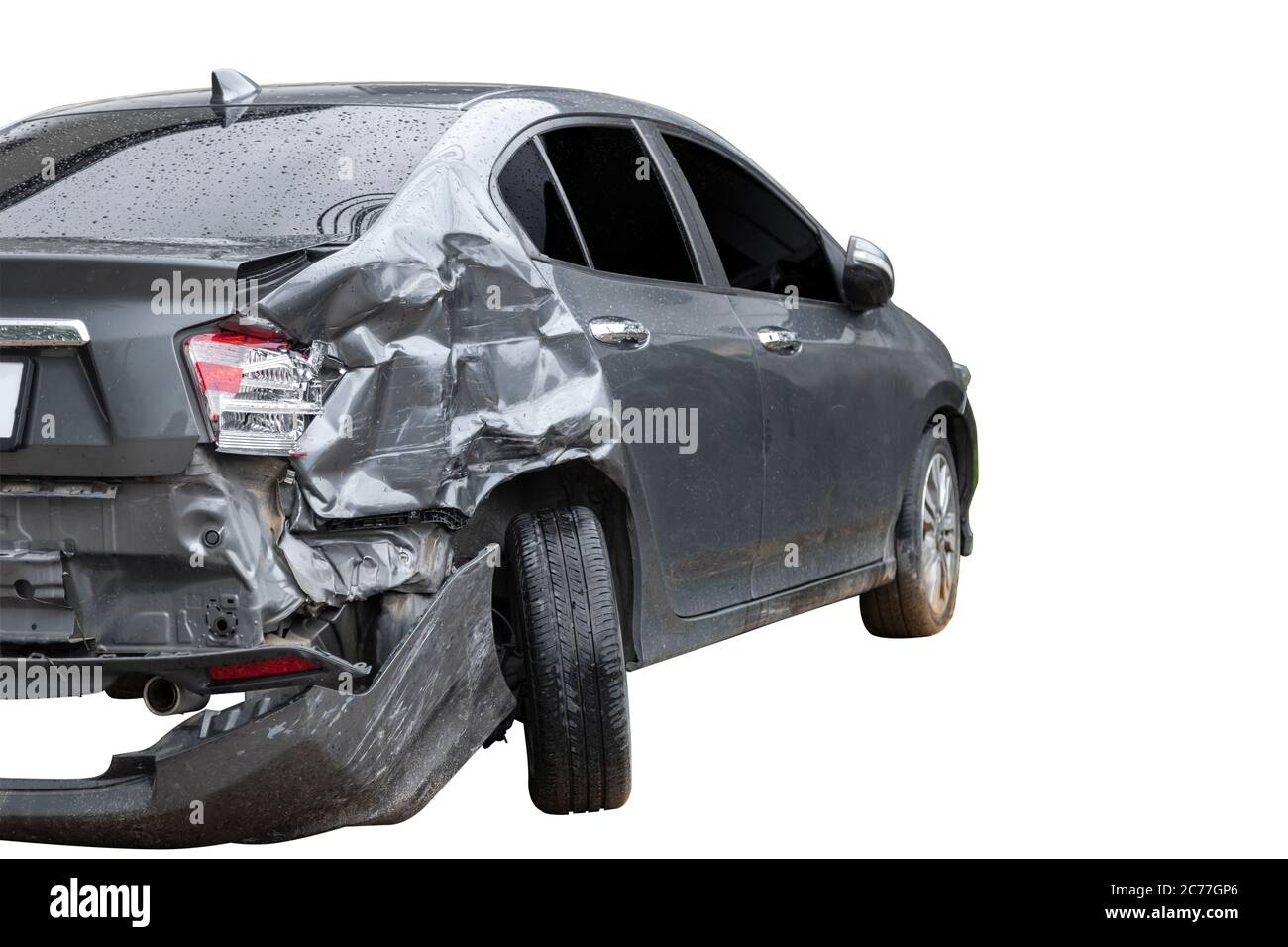 Back side of gray color car damaged and broken by accident on road ...