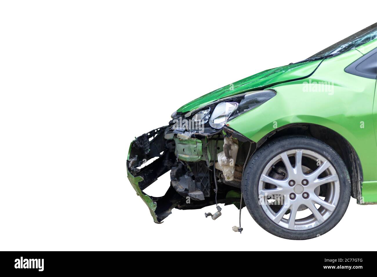 Front of green color car damaged and broken by accident isolate on ...