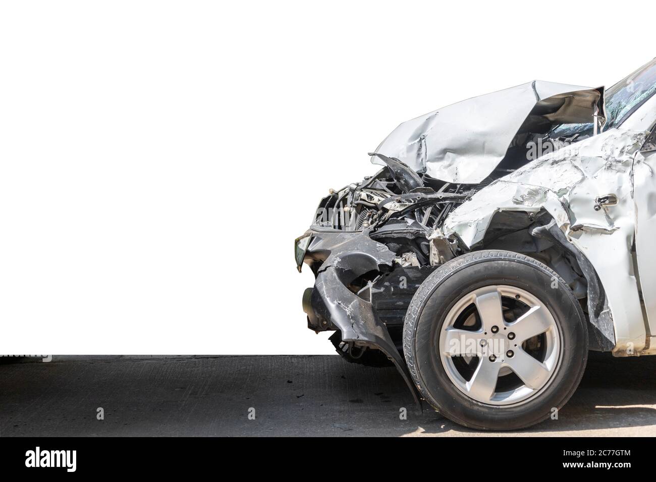 Front of car damaged and broken by accident on road. Isolate on white ...