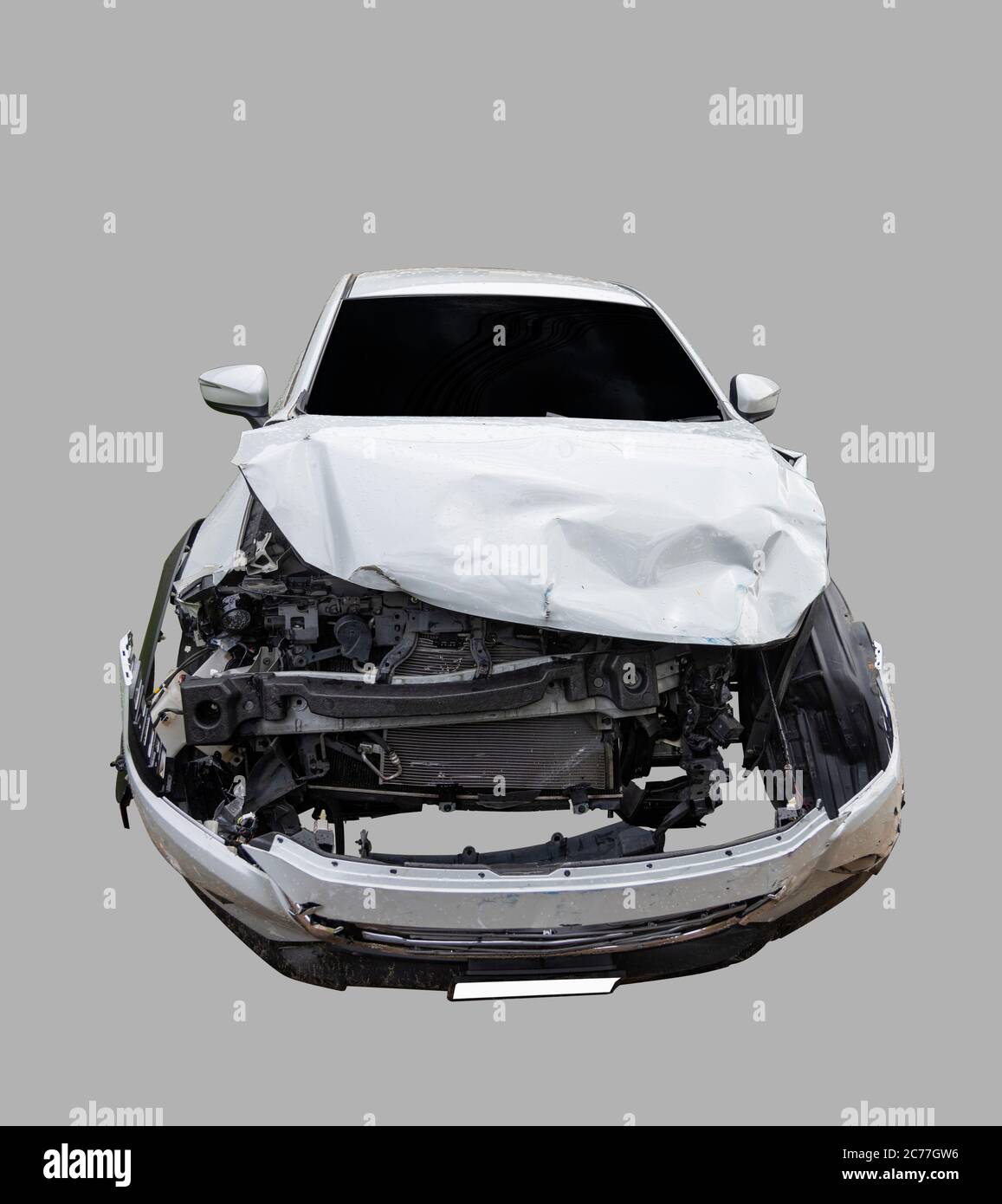 Front of gray color car damaged and broken by accident . Isolate on ...