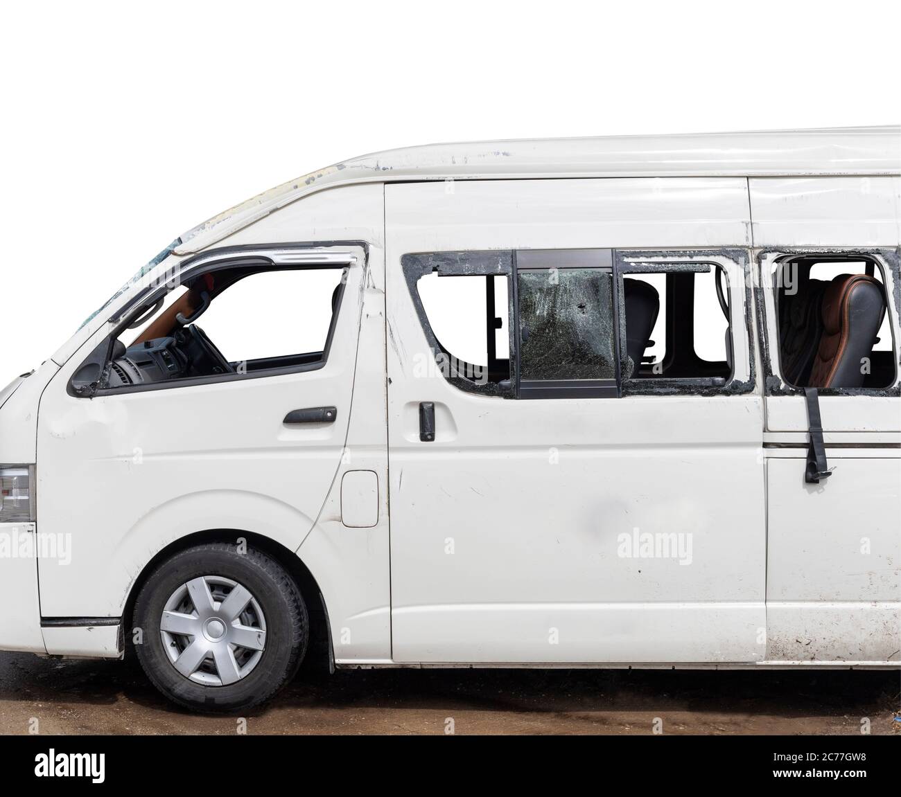 White van car big damaged and broken by accident on city street parking ...