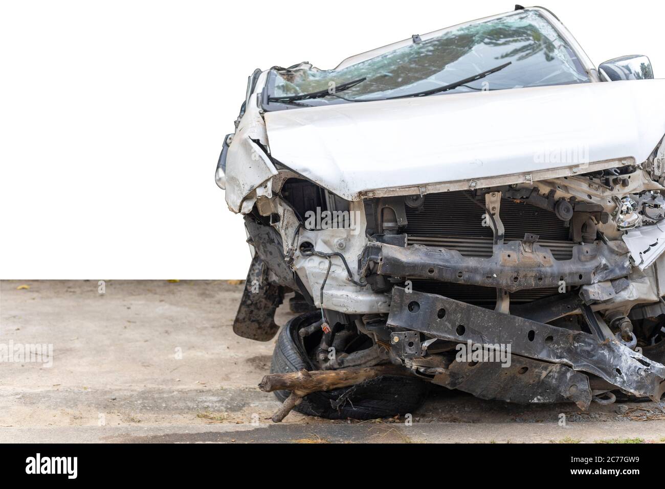 White color car damaged and broken by accident . Isolate on white ...