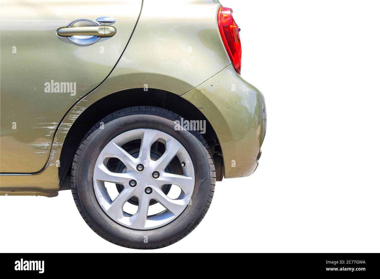 Car crash. Beside the deep green color car have scratch from damage ...