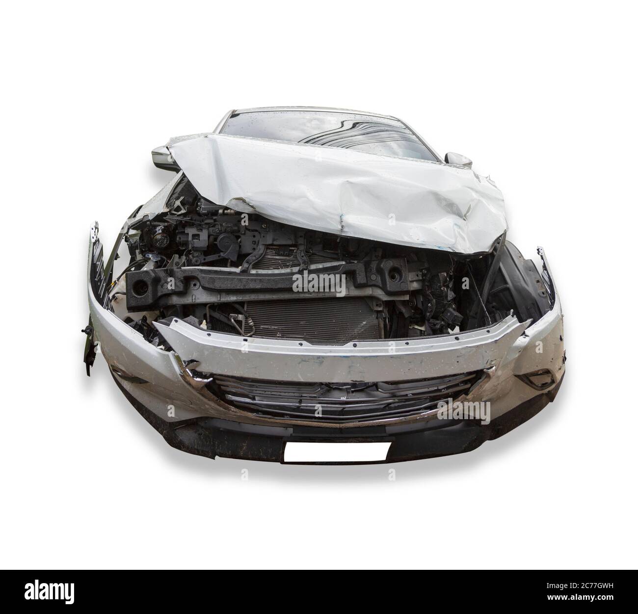 Front of gray color car damaged and broken by accident . Isolate on ...