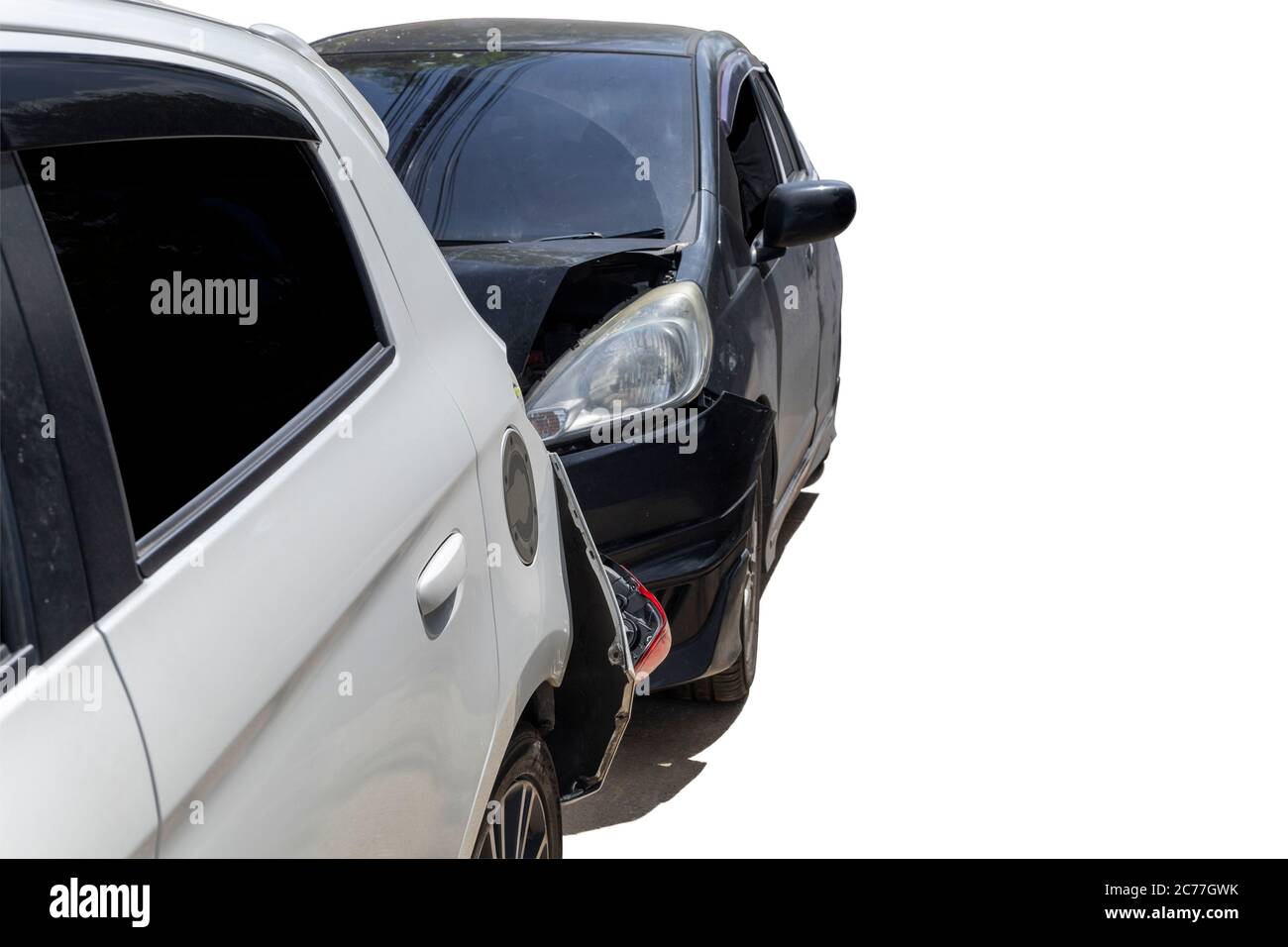 Front of black color car crash with back side of white color car ...