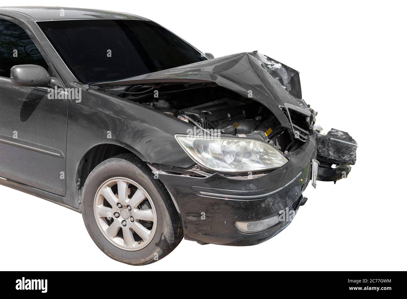 Front of black color car damaged and broken by accident isolate on ...