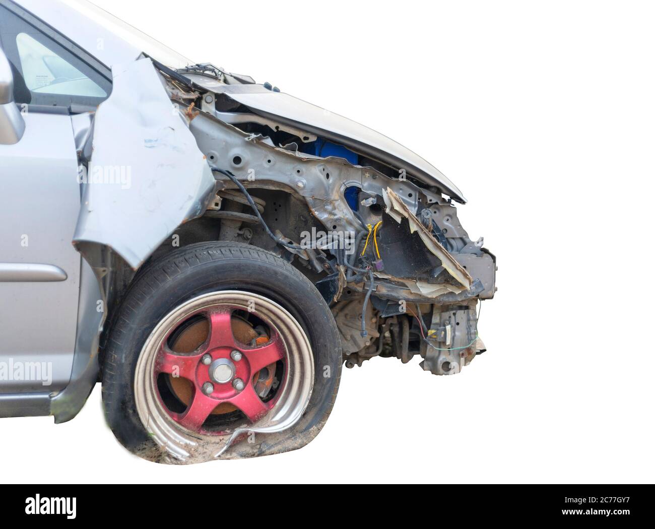 Front of car damaged and broken by accident on road isolate on white ...