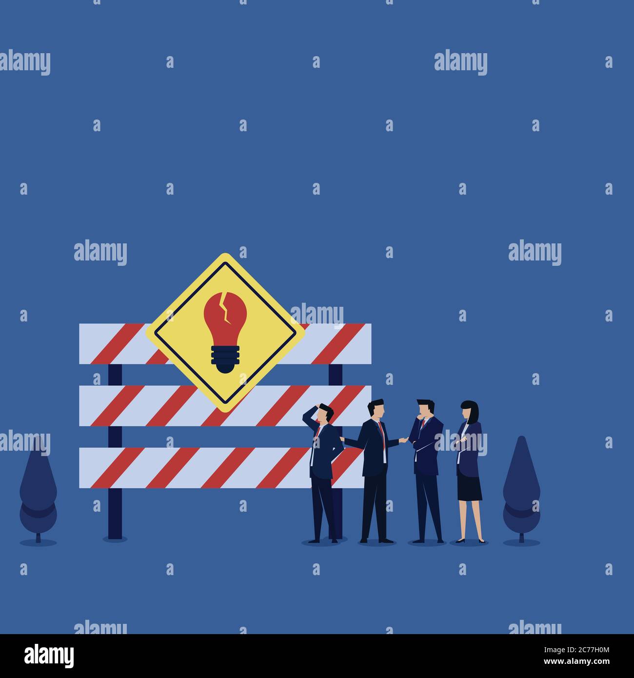 People discuss in front of dead end sign board metaphor of out of idea ...