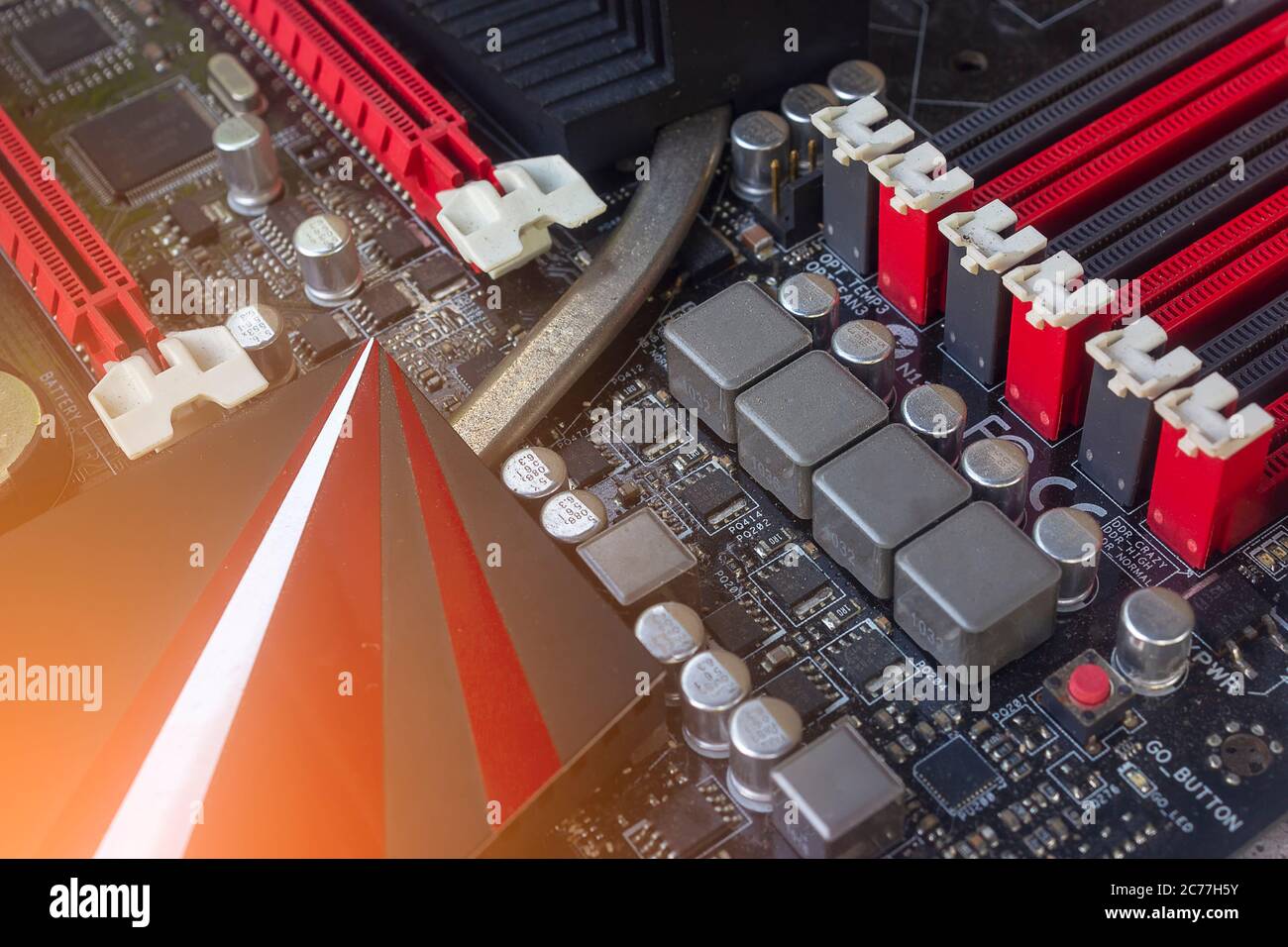 PC Mainboard memory slots and components. Close up with selective focus ...