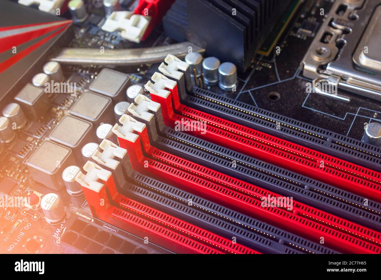PC Mainboard memory slots and components. Close up with selective focus ...