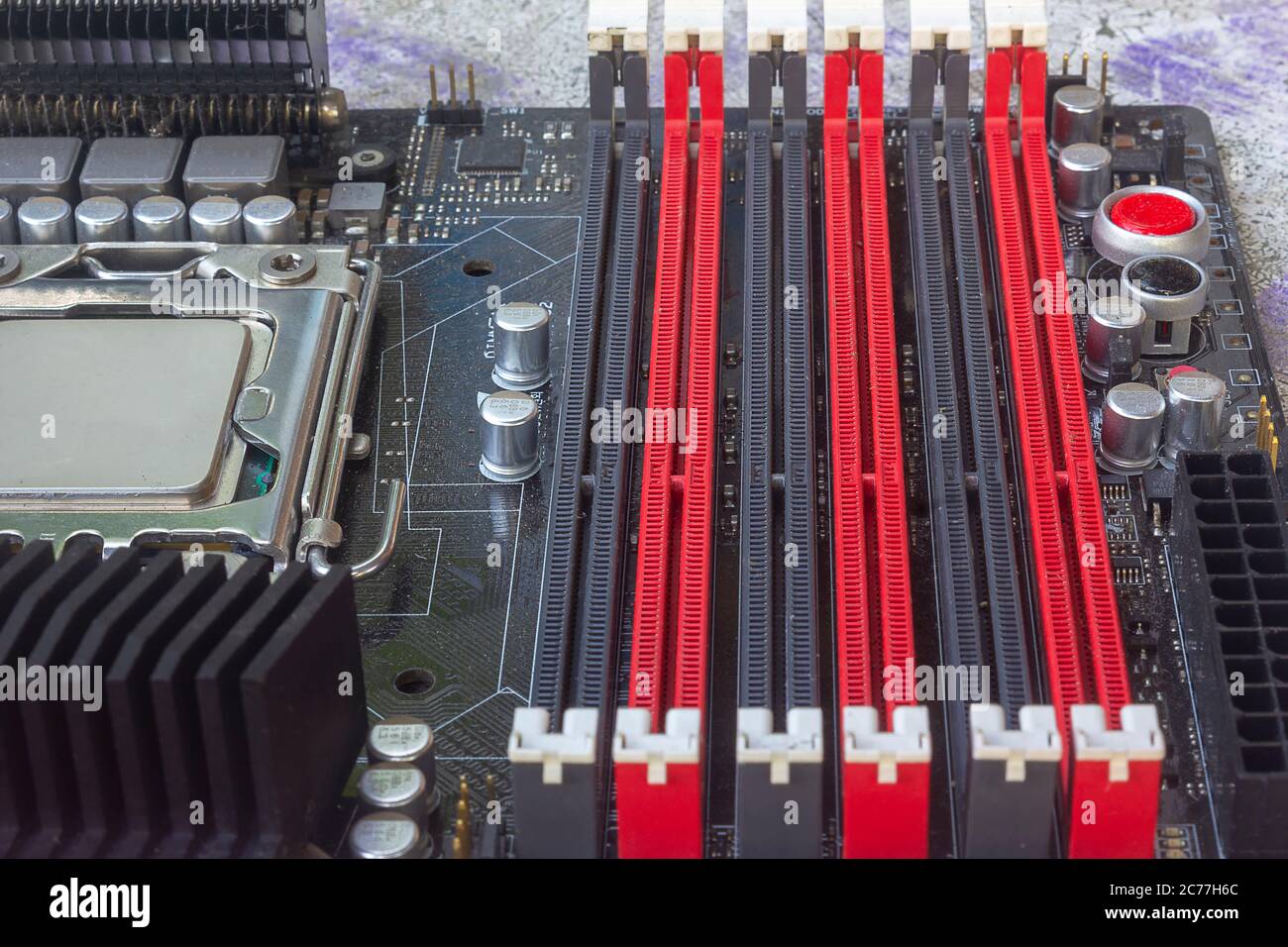 PC Mainboard memory slots and components. Close up with selective focus ...