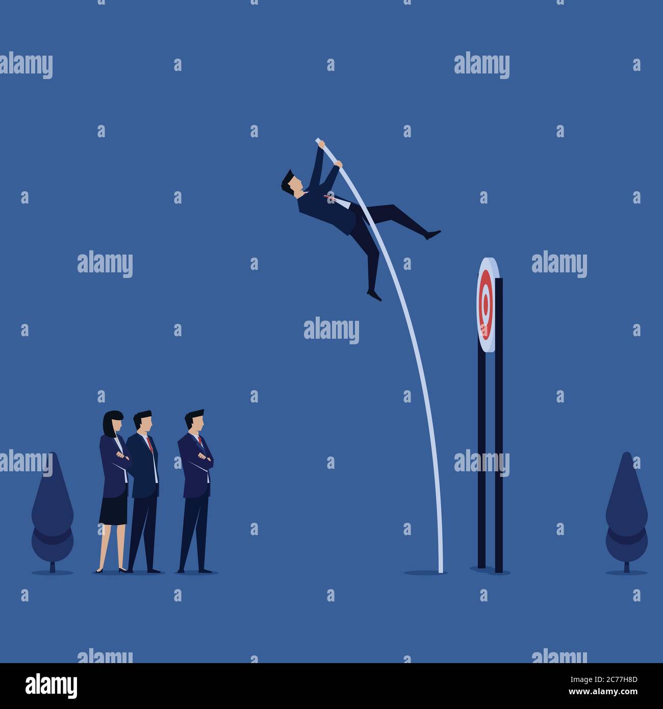 Business flat vector concept man jumping use pole vault over target ...