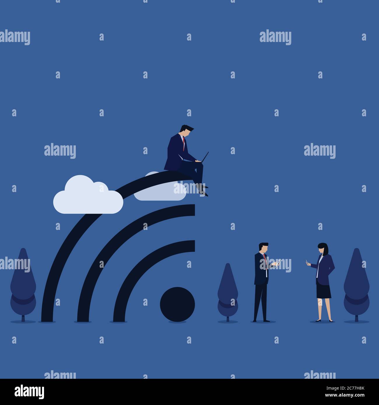 Business flat vector concept people use phone and laptop around wifi ...