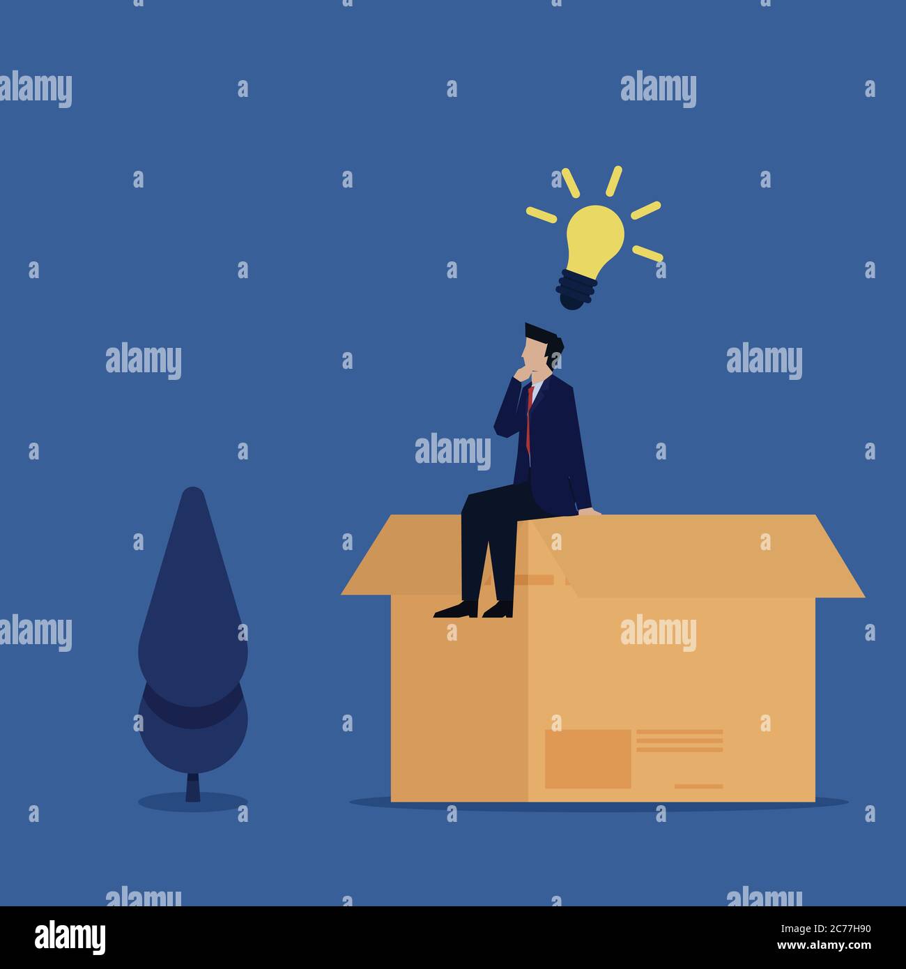 Business flat vector concept man sit on box and think metaphor of think ...