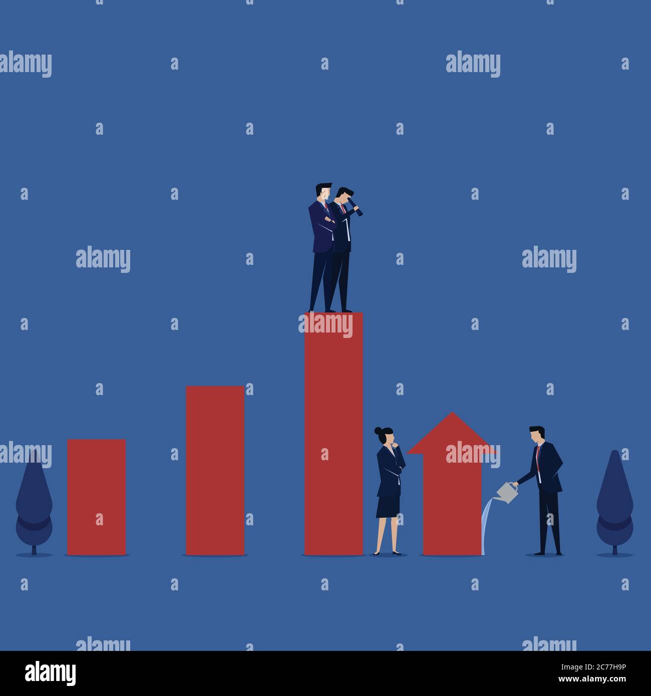 Business flat vector concept manager watching over growing bar chart ...
