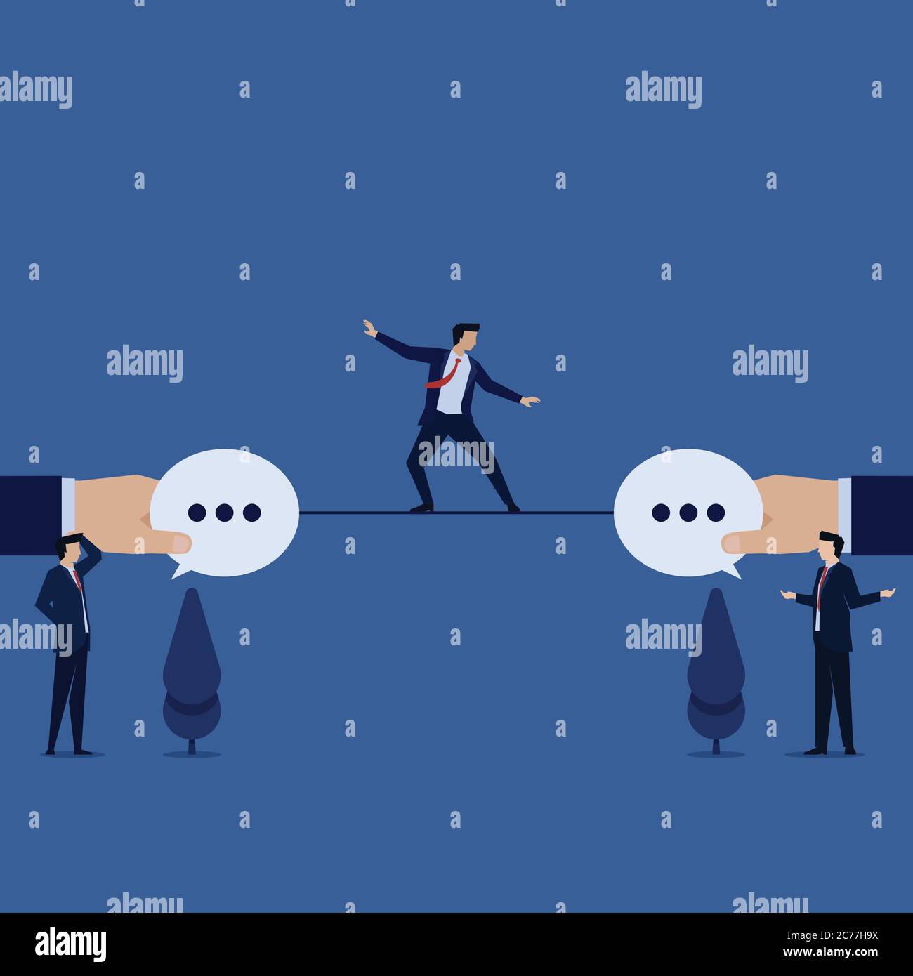 Business flat vector concept man juggling on the rope between to chat ...