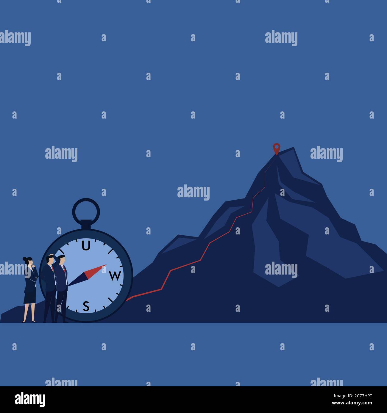 Business flat vector concept team see path to the top of mountain ...