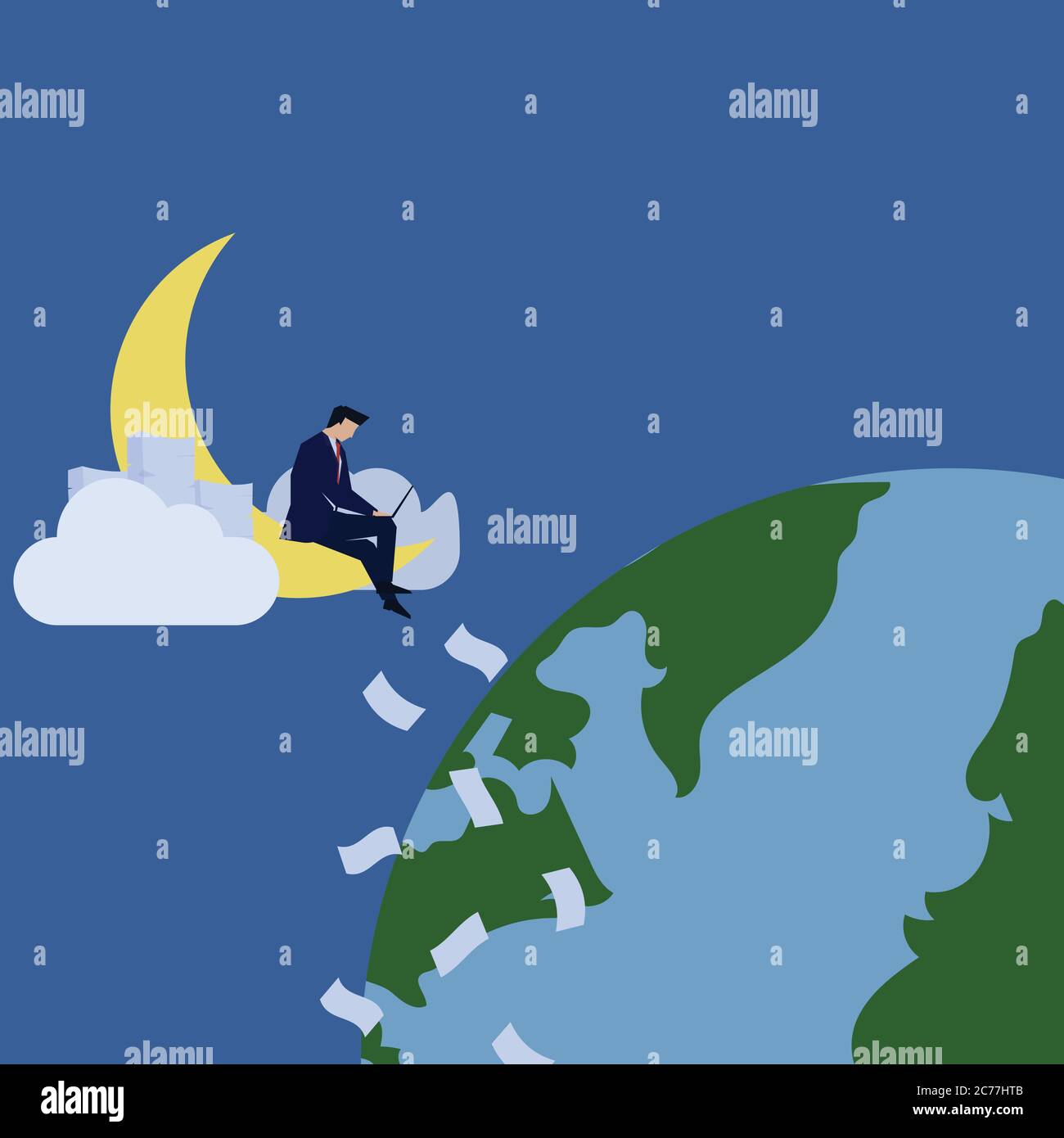 Business flat vector concept man sit and work upon moon and earth ...