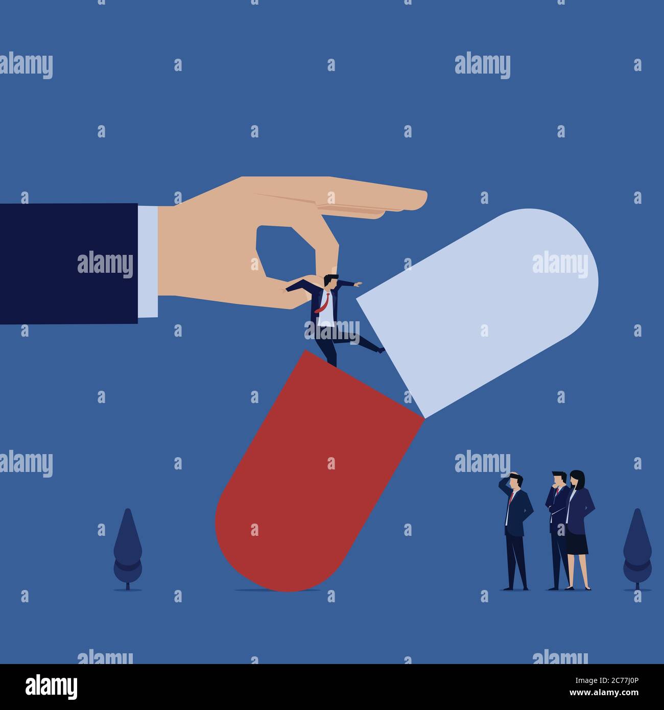 Business flat vector concept man dropped on capsule watched by team ...
