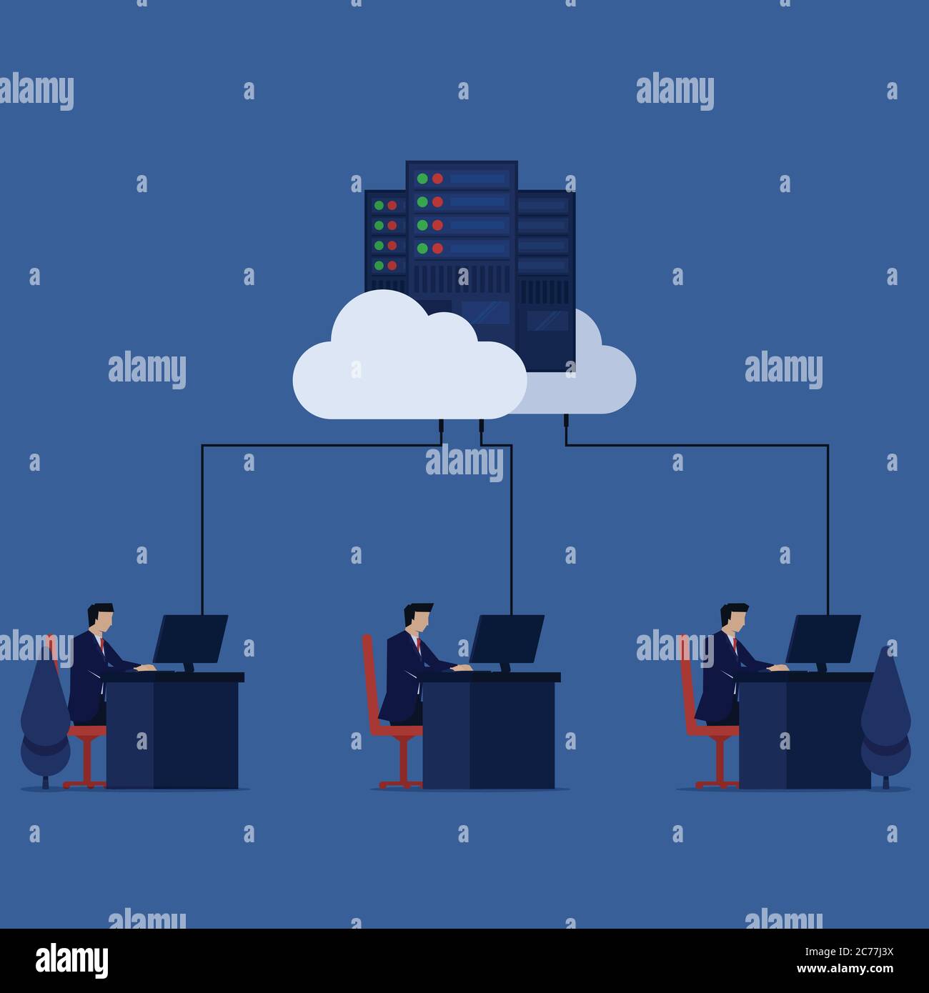 Business flat vector concept employee work at desk office connected to ...