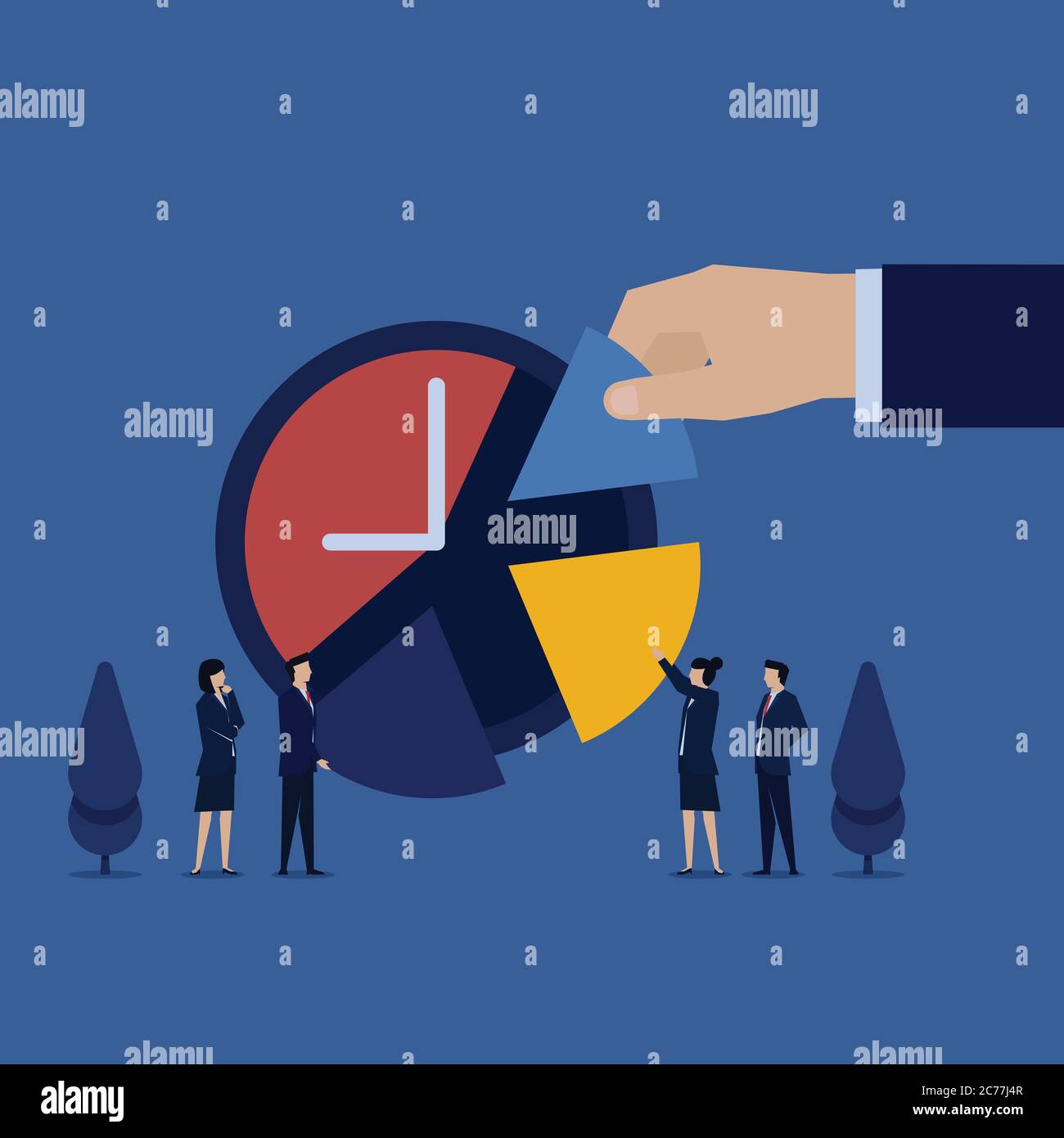 Business flat vector concept team put piece of pie to clock metaphor of ...
