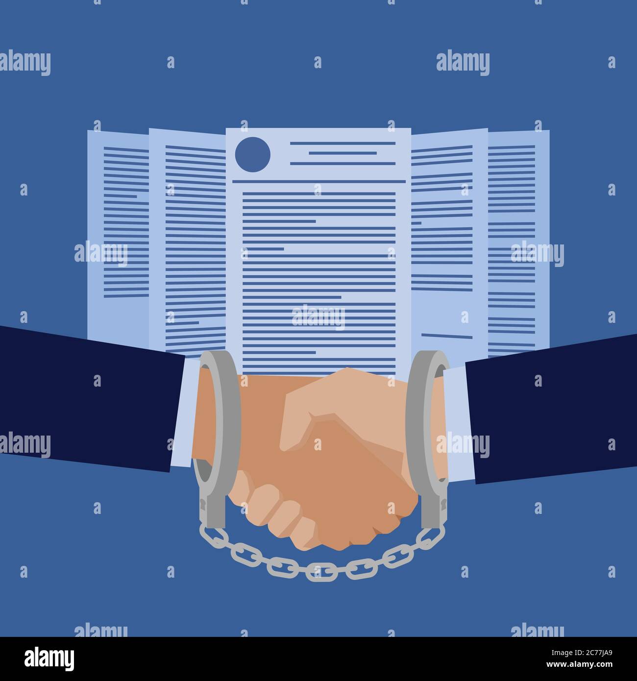 Business flat vector concept handshake and hung by handcuffs in front ...