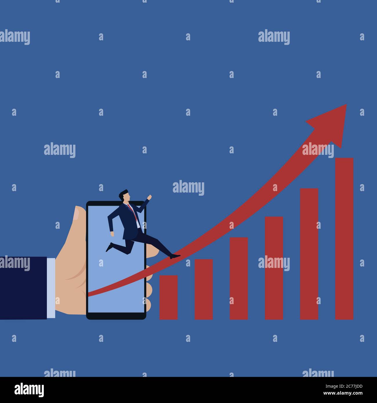 Business flat vector concept businessman run through rising chart from ...
