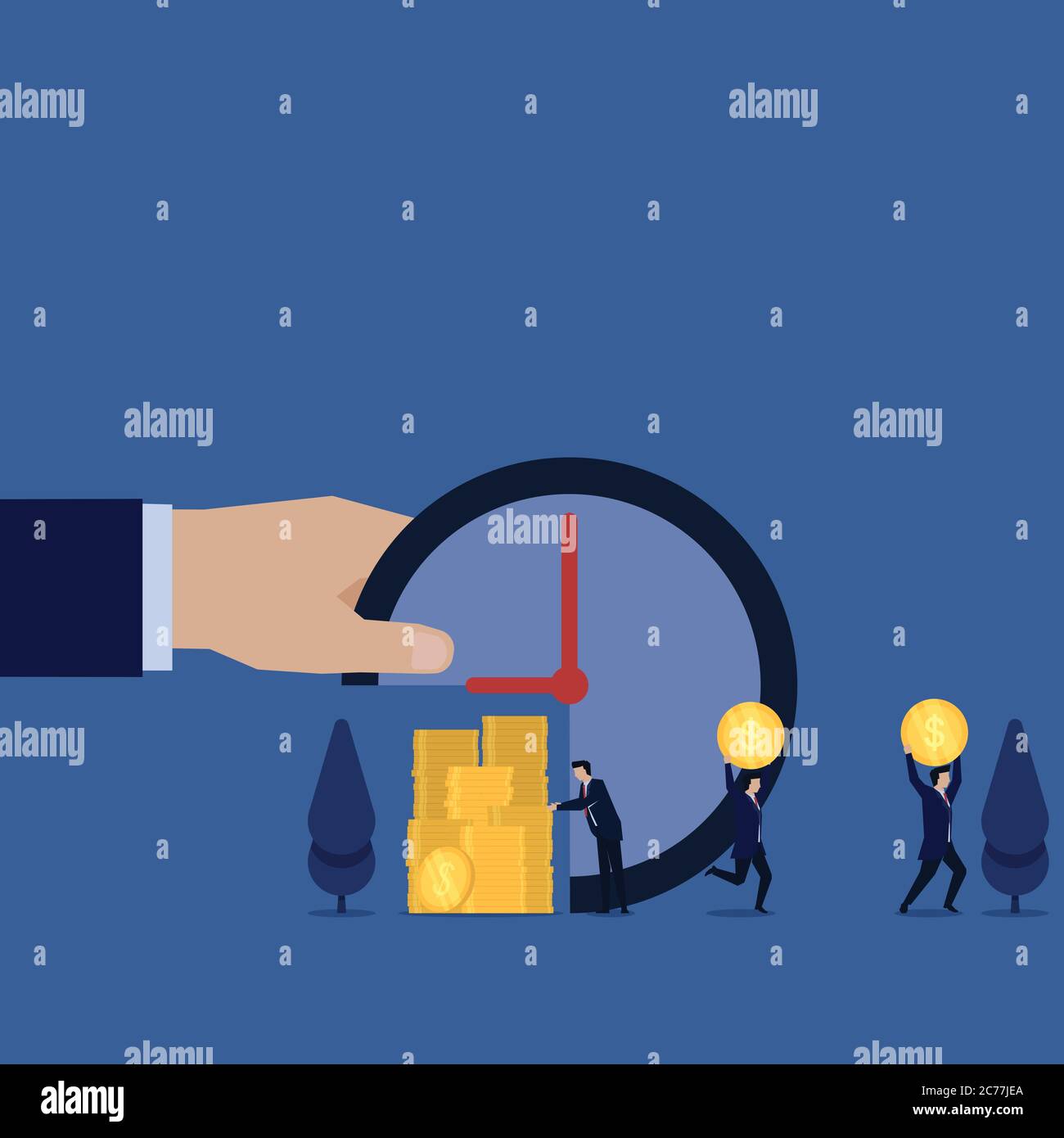 Business team take coins from stack under clock metaphor of time is ...