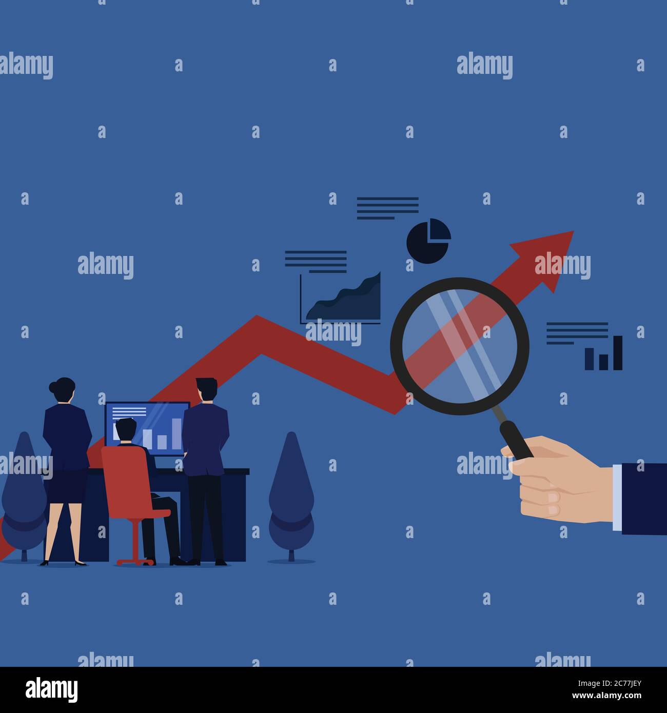 Business team monitoring chart on screen and hand hold magnify metaphor ...