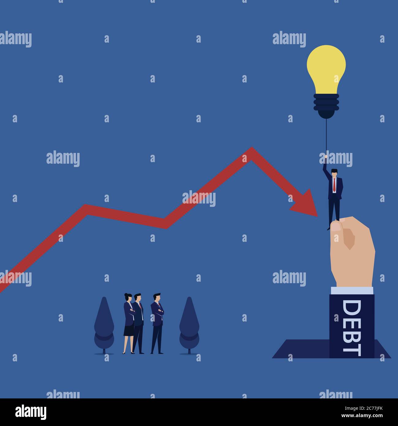Business fly with idea balloon catch by debt hand and chart arrow down ...
