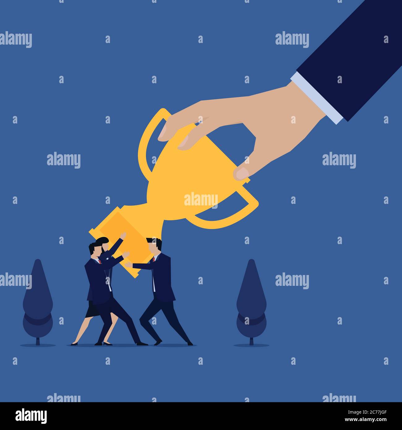 Business team hold trophy from being taken by big hand metaphor of ...
