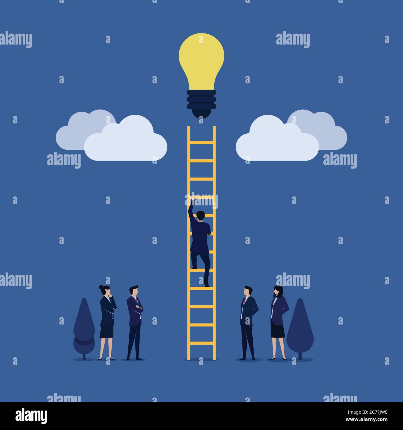 Businessman climb ladder to cloud and reach idea bulb metaphor of get ...