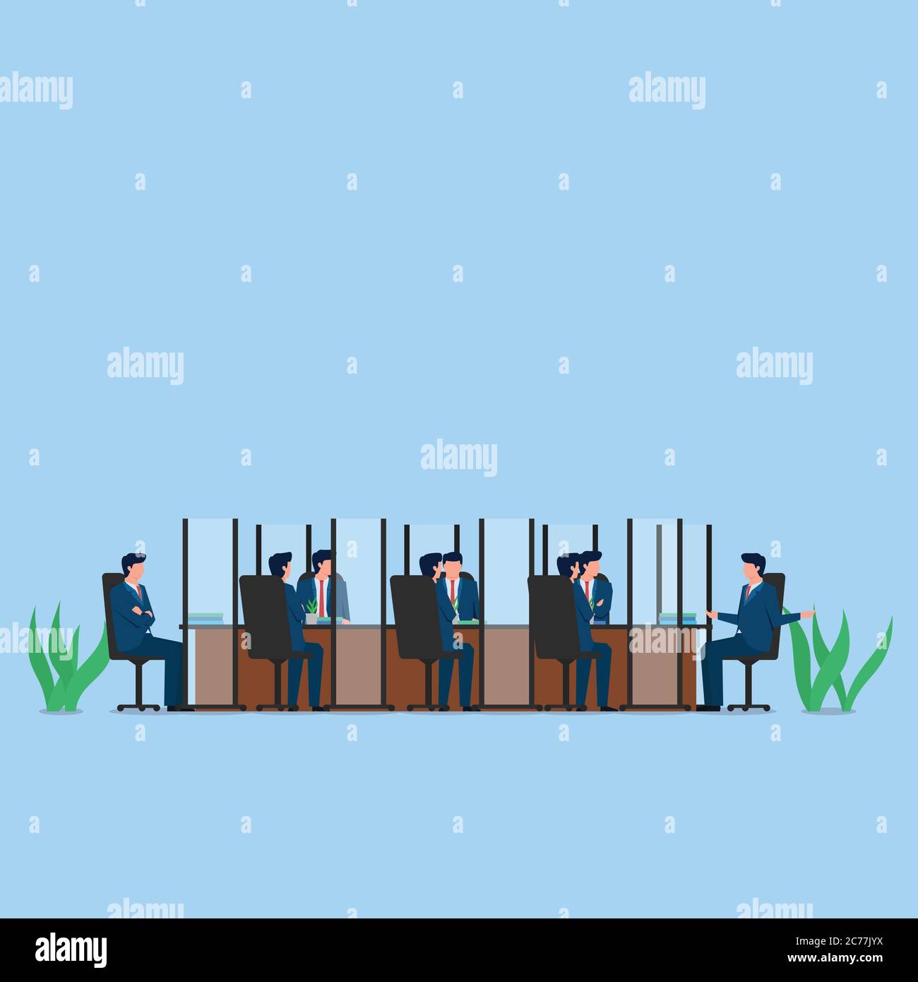 People meeting on desk with divider on each of their seats metaphor of ...