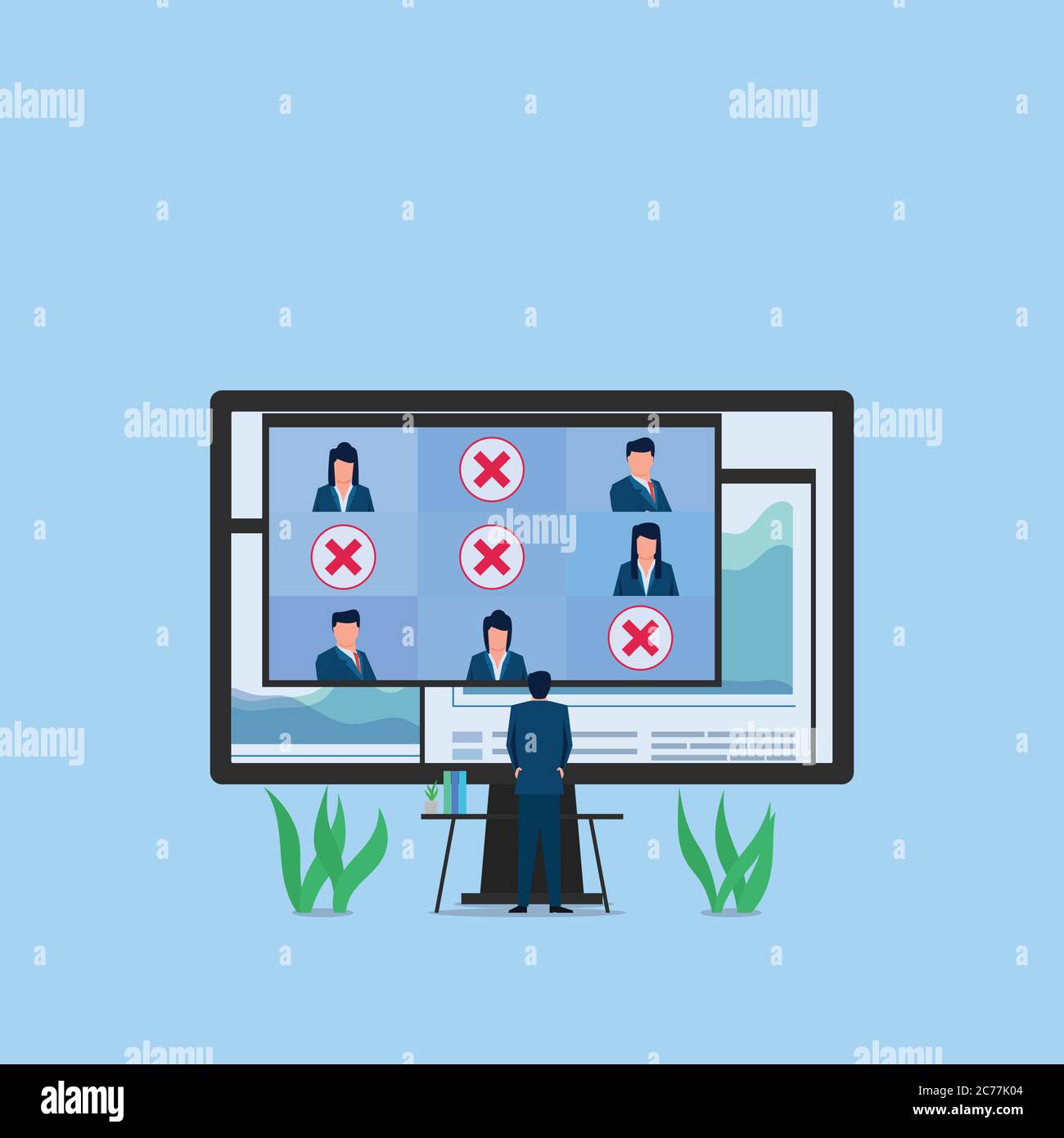 Manager ask absence other employee via video conference on monitor ...