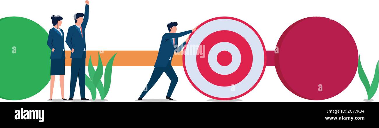 Man push target to last checkpoint metaphor of progress. Business flat ...