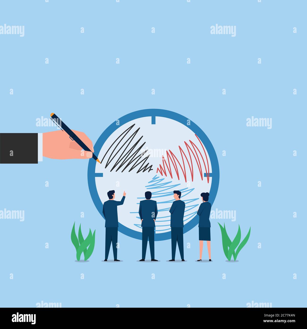 People check clock and draw on it for time management. Business flat ...