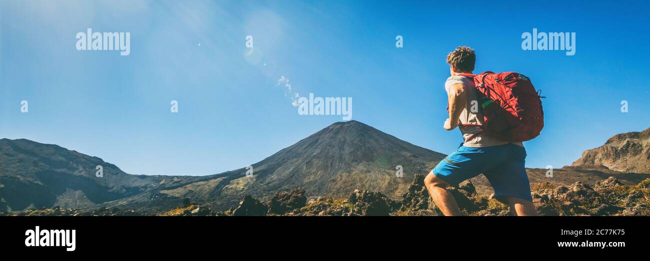 Hiker man hiking in banner landscape Tongariro National Park Alpine ...