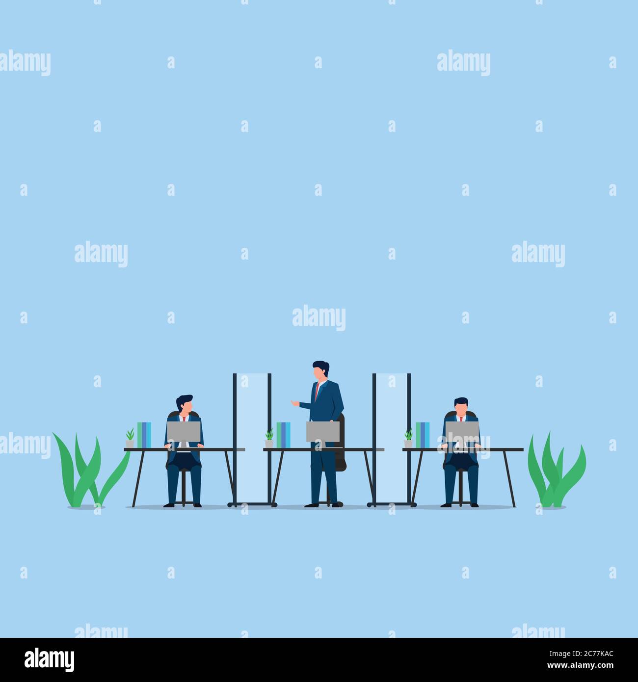 Man ask her partner through divider on side of desk metaphor of ...