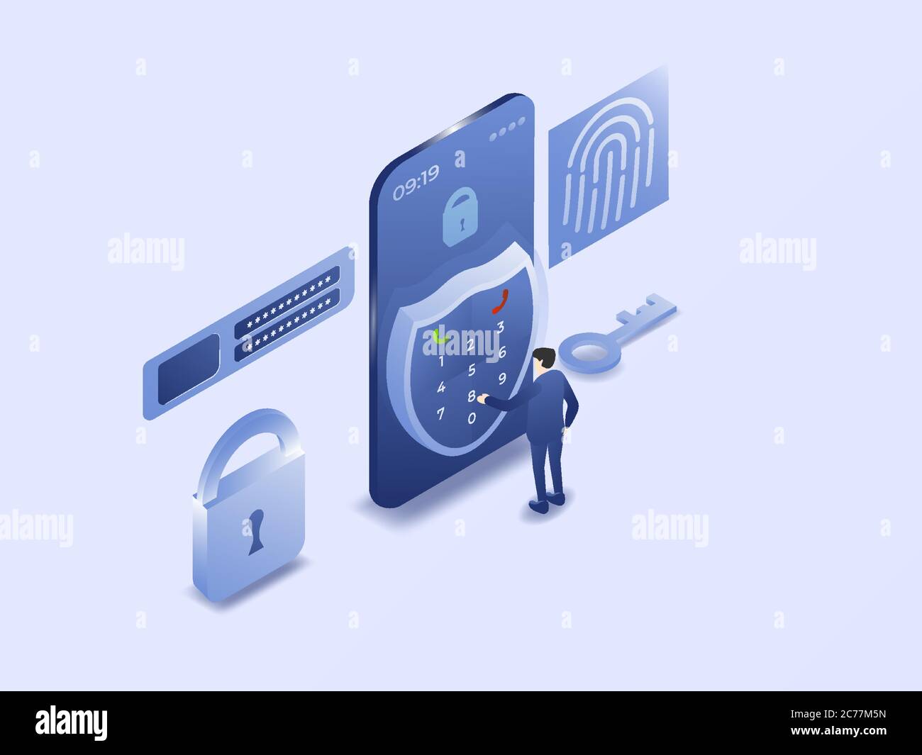 Man operating anti virus data security protection with shield icon. 3D ...