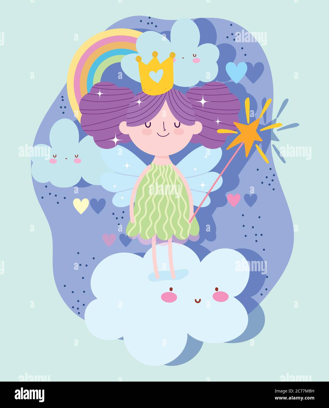 little fairy princess with magic wand on clouds rainbow tale cartoon ...
