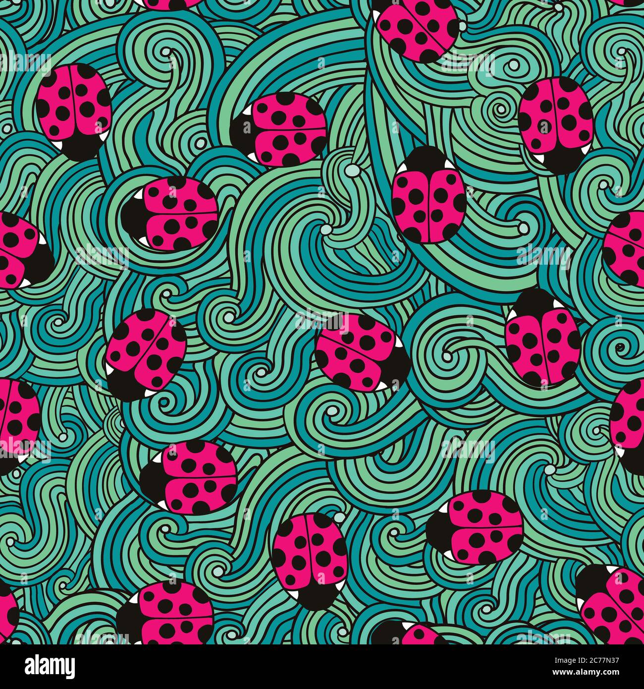 Seamless pattern with cute ladybugs and curly abstract line elements ...
