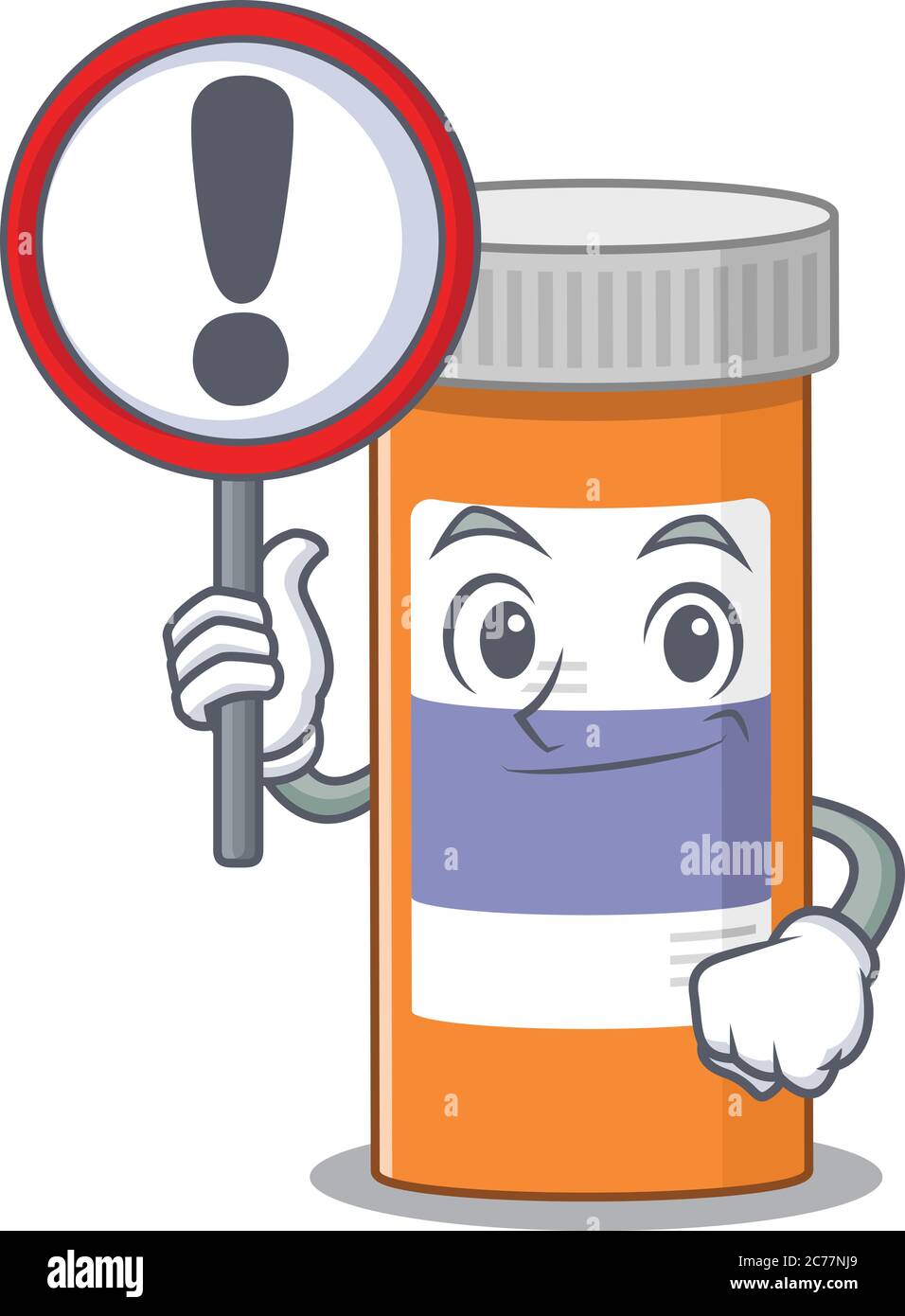 A cartoon icon of pills drug bottle with a exclamation sign board Stock ...