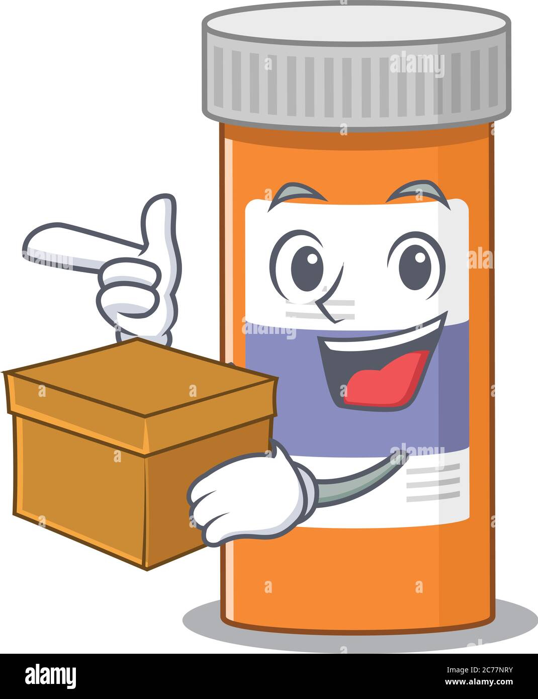 A smiling pills drug bottle cartoon mascot style having a box Stock ...
