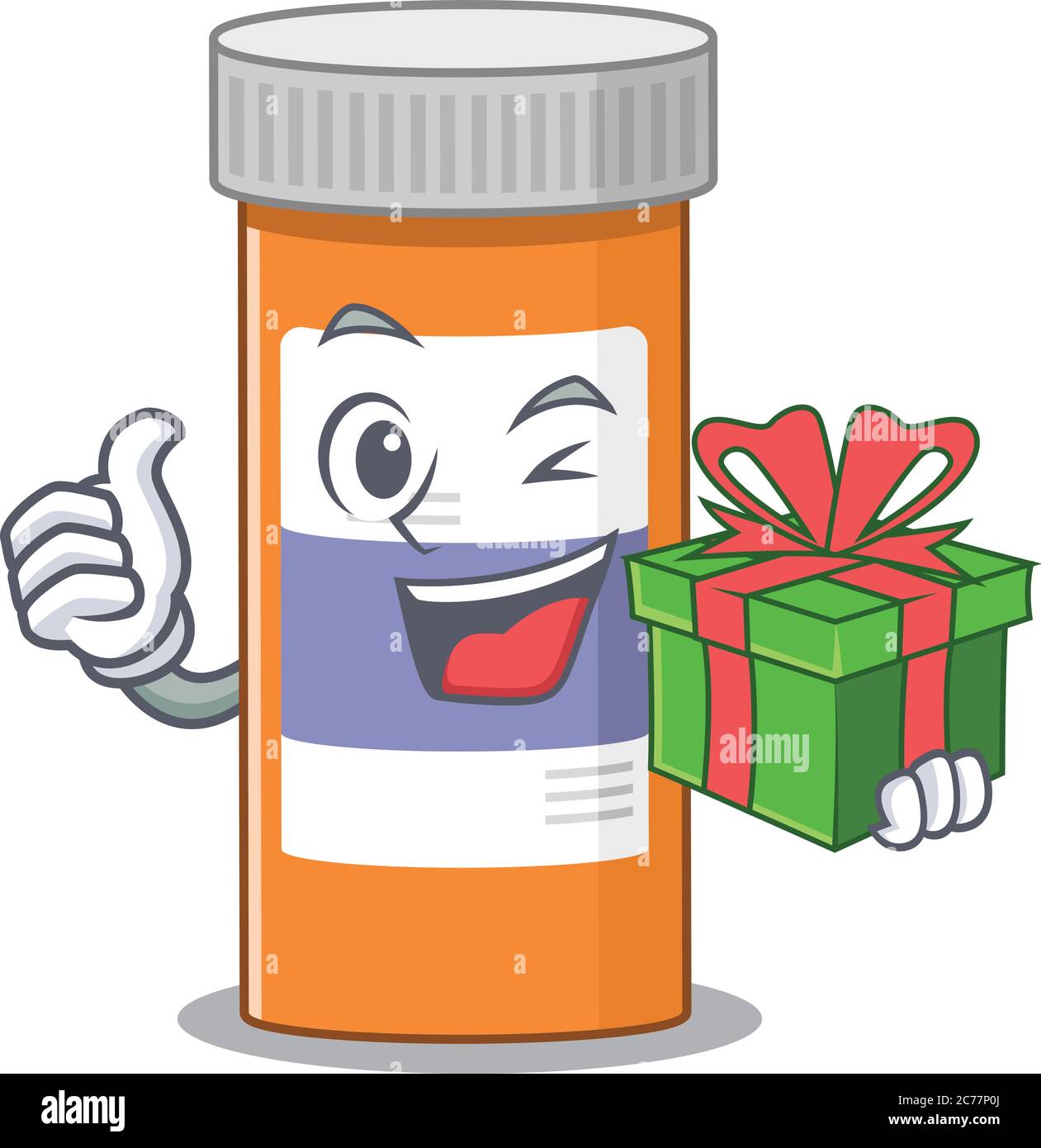 Pills drug bottle cartoon character concept with a big gift box Stock ...