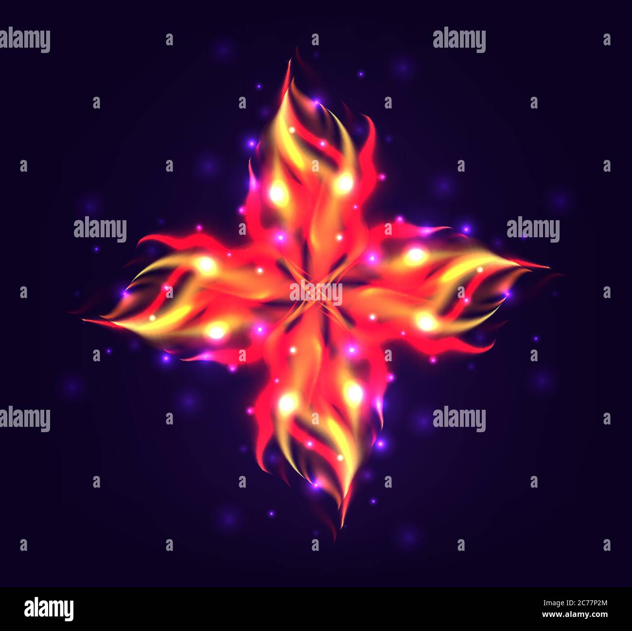 Vector illustration of a flower with a realistic fire with sparks for ...