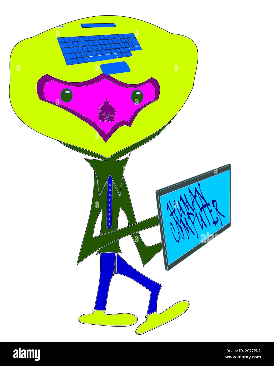 Human computer man going on road screen on hand , keyboard on the head ...