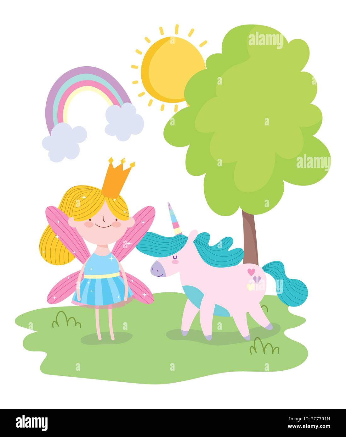 little fairy princess with fantastic magic unicorn tale cartoon vector ...