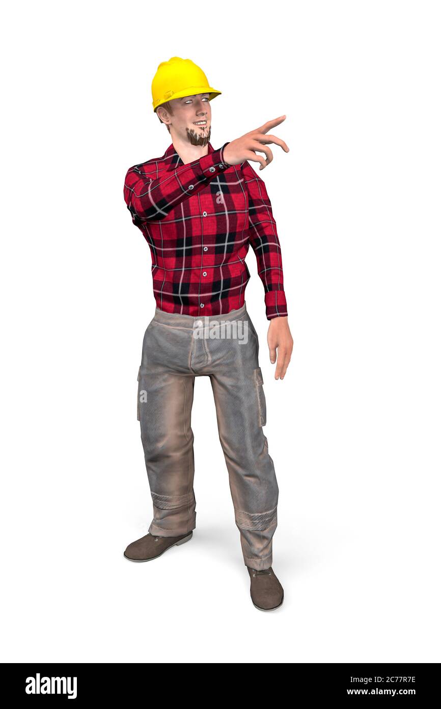 Smiling construction worker pointing his finger at some point - isolated on white background ...